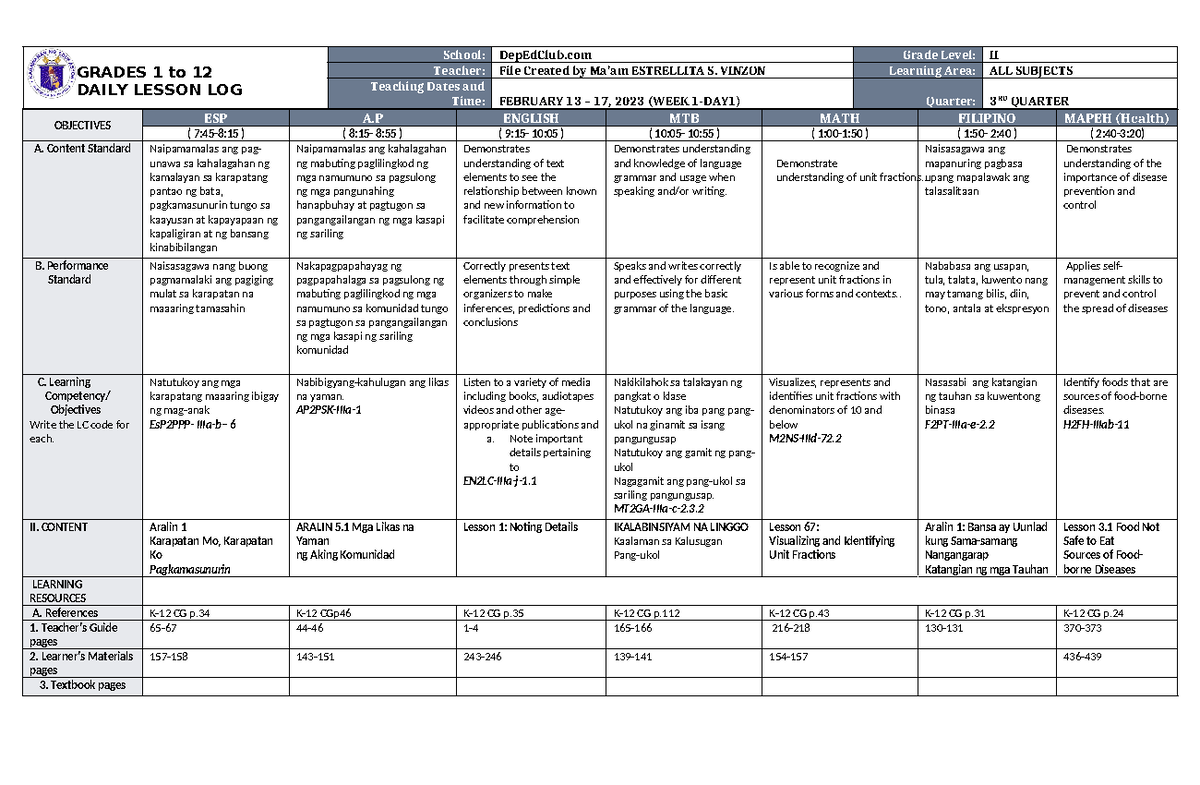 DLL ALL Subjects 2 Q3 W1 D1 - GRADES 1 to 12 DAILY LESSON LOG School: DepEdClub Grade Level: II ...