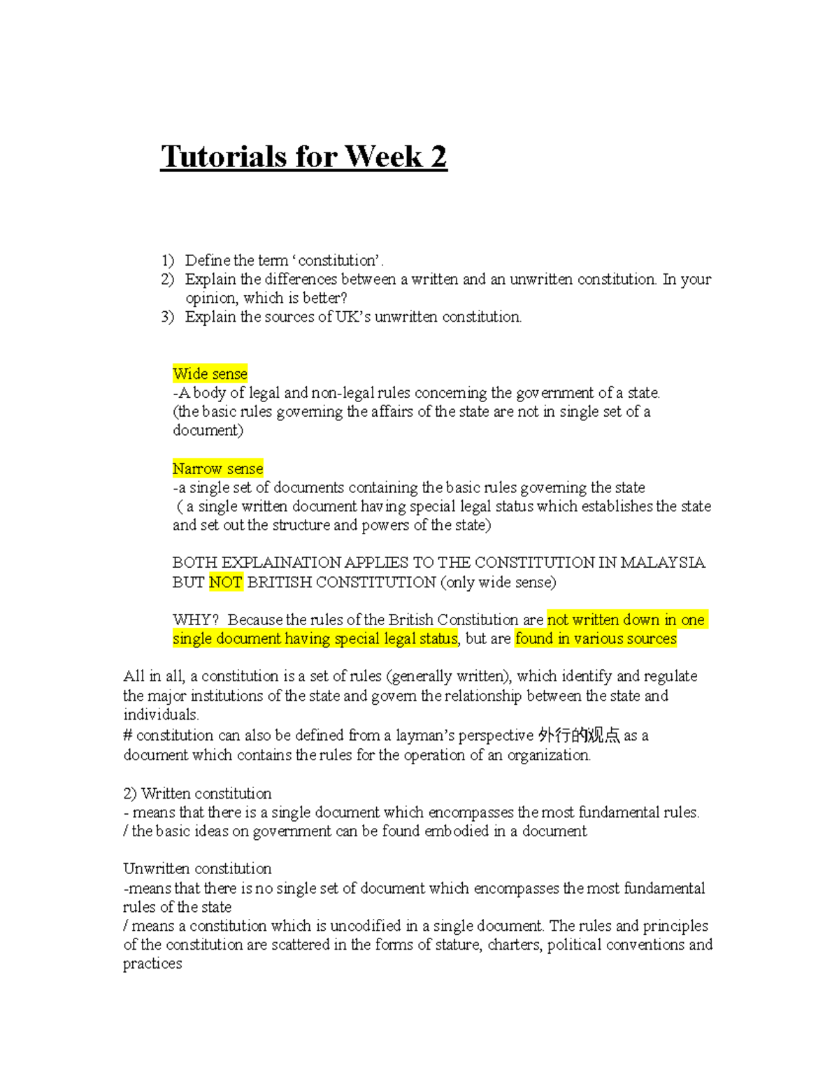 282232 Tutorials for Week 2 - Tutorials for Week 2 Define the term ‘constitution’. Explain the ...