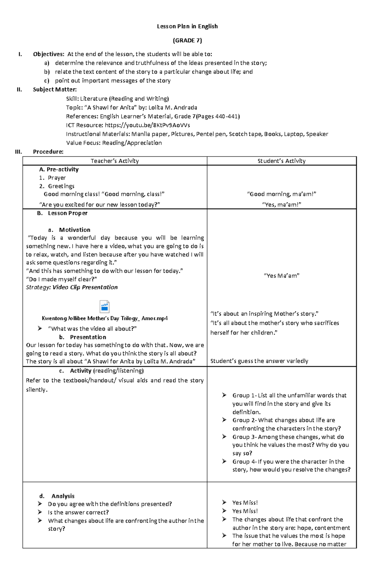 Pdfcoffee.com a-shawl-for-anita-lp-pdf-free - Lesson Plan in English ...