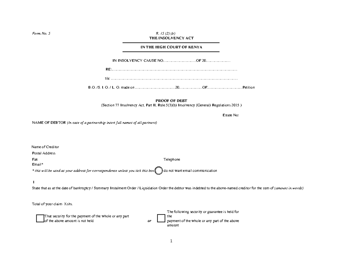 Proof of debt - 1 Form No. 5 R. 15 (2) (b) THE INSOLVENCY ACT IN THE ...