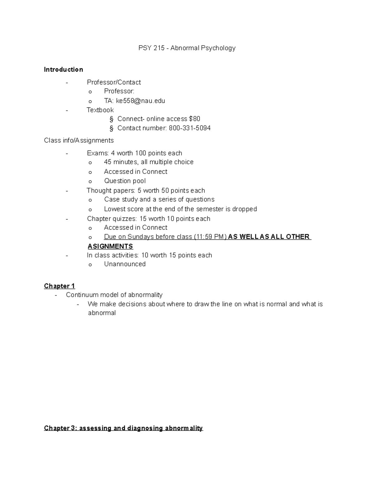PSY 215 - Lecture notes all - PSY 215 - Abnormal Psychology ...