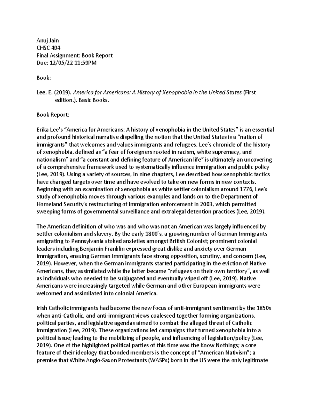 CHSC499 Book Report Final - Anuj Jain CHSC 494 Final Assignment: Book ...