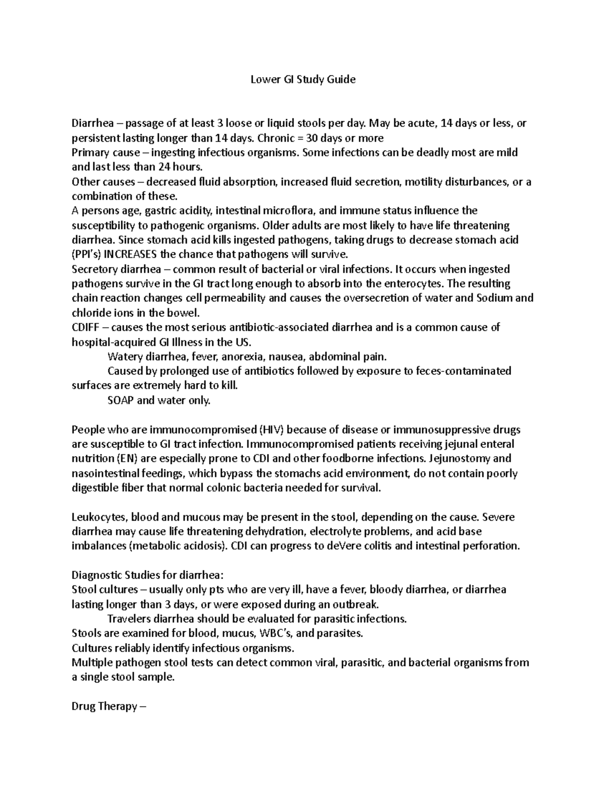 Lower GI Study Guide - Lower GI Study Guide Diarrhea – passage of at ...