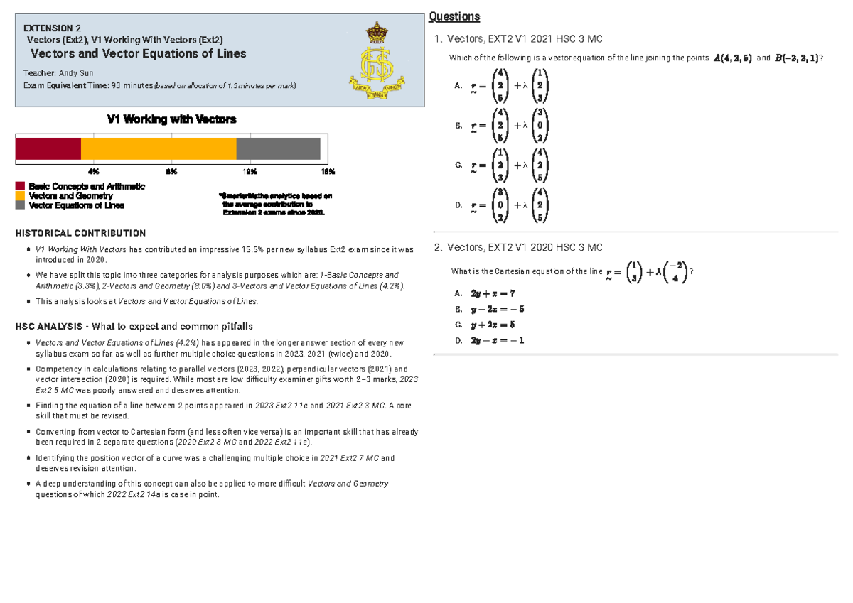 Vectors and Vector Equations of Lines - EXTENSION 2 Vectors (Ext2), V1 ...