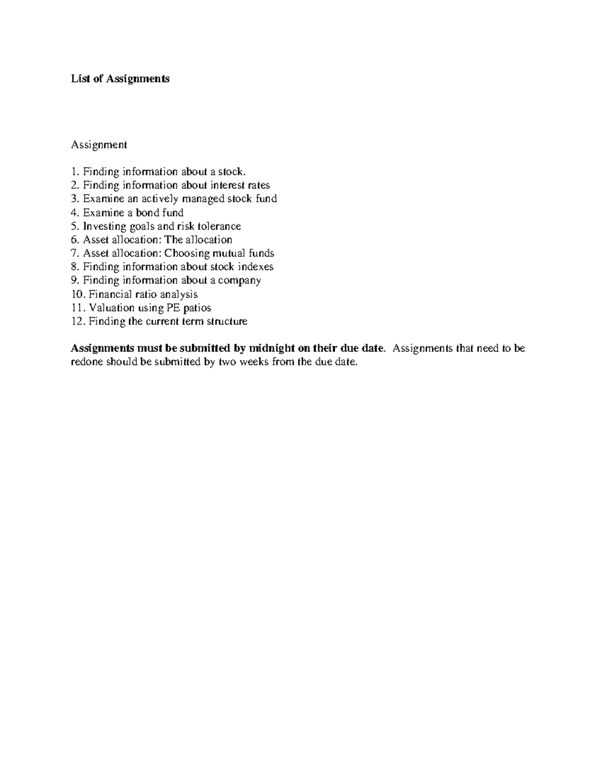 Assignments FIN 352 - S17 - List of Assignments Assignment Finding ...