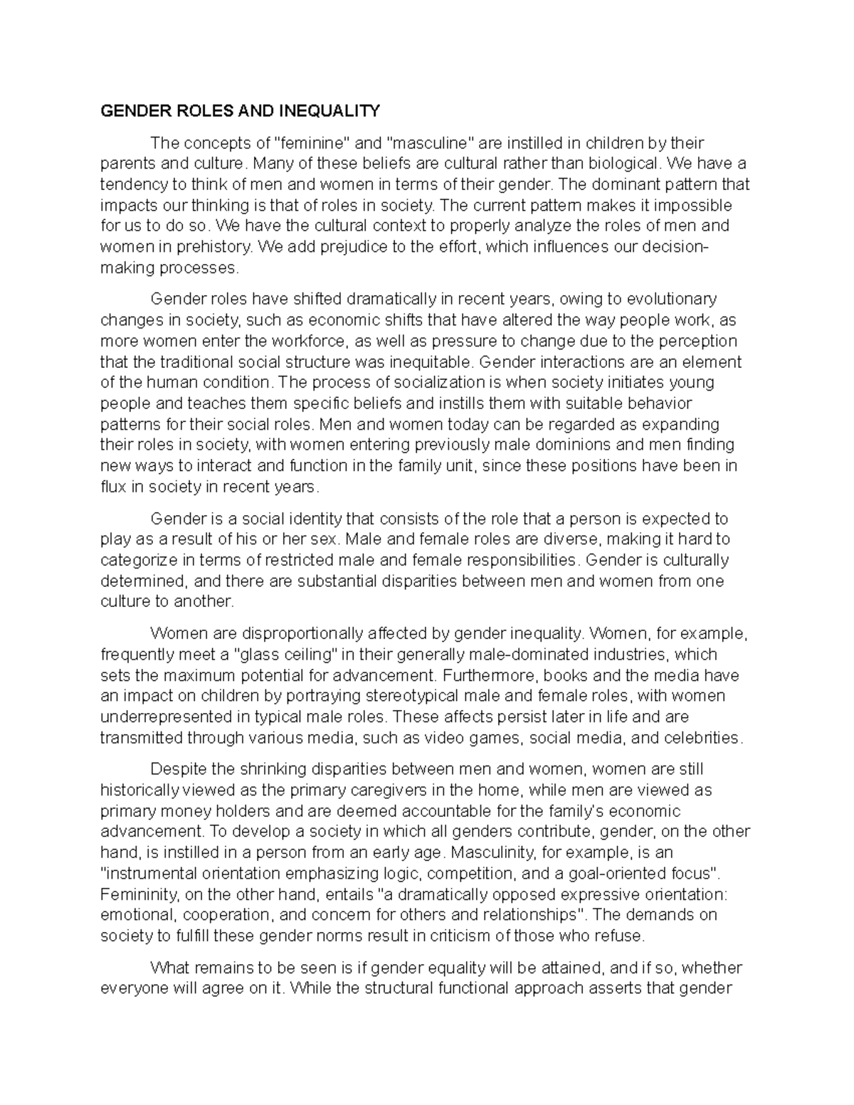 Gender Roles AND Inequality - GENDER ROLES AND INEQUALITY The concepts ...