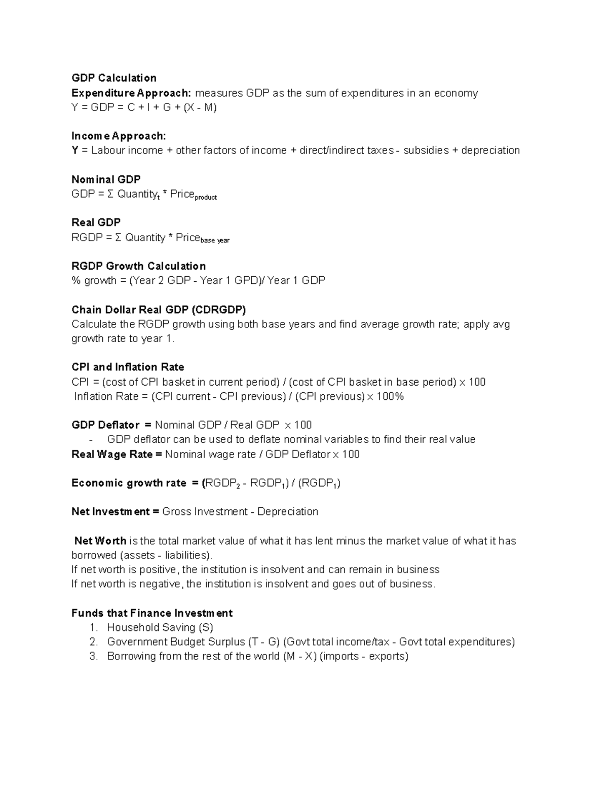Formula Sheet - GDP Calculation Expenditure Approach: measures GDP as ...