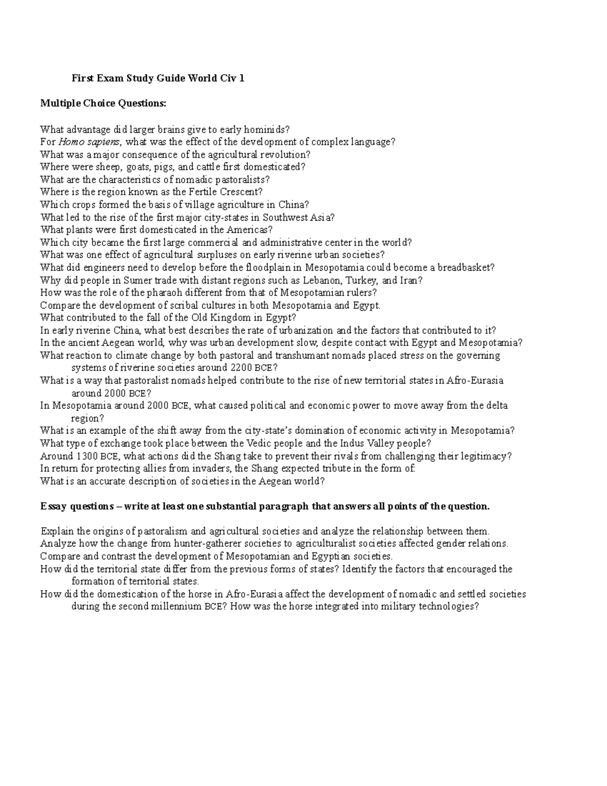 First Exam Study Guide - Summary Ancient World - First Exam Study Guide ...