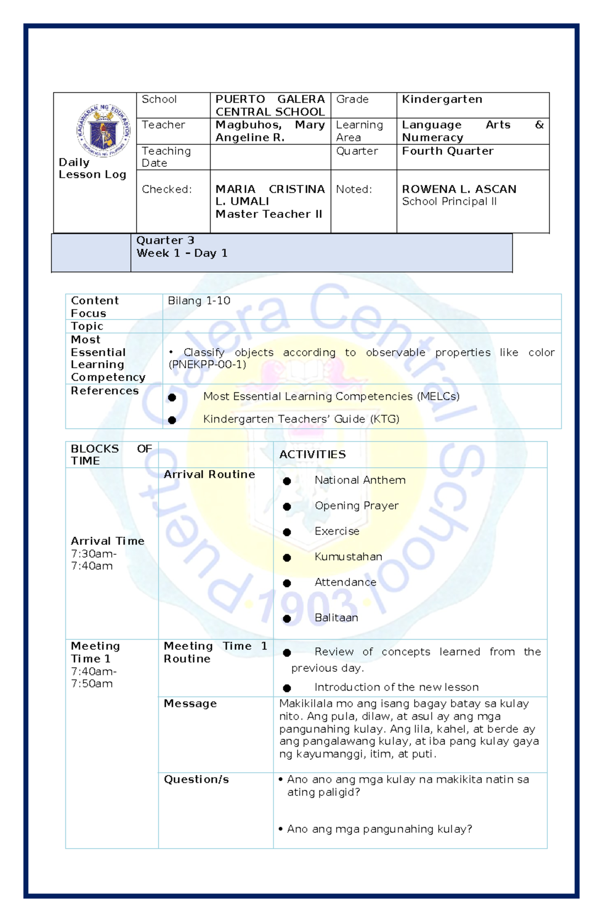 Kinder lesson plan - Daily Lesson Log School PUERTO GALERA CENTRAL ...