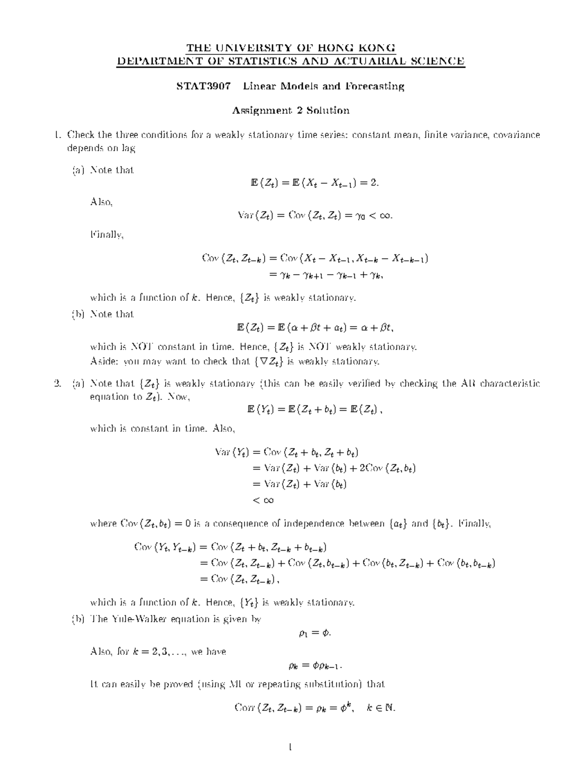 Assignment 2 Solution - THE UNIVERSITY OF HONG KONG DEPARTMENT OF STATISTICS AND ACTUARIAL ...