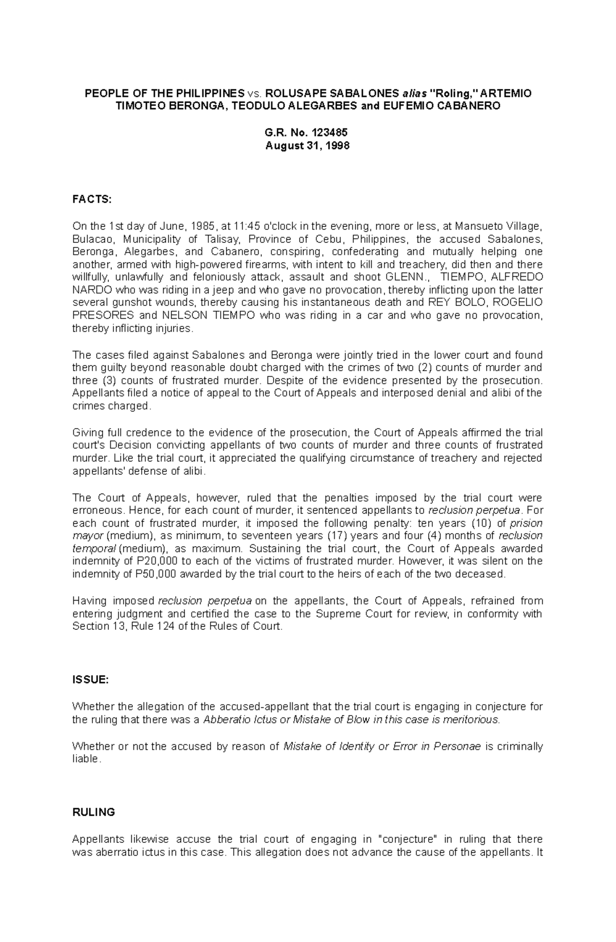 Case Digest in Criminal LAW 1 - PEOPLE OF THE PHILIPPINES vs. ROLUSAPE ...