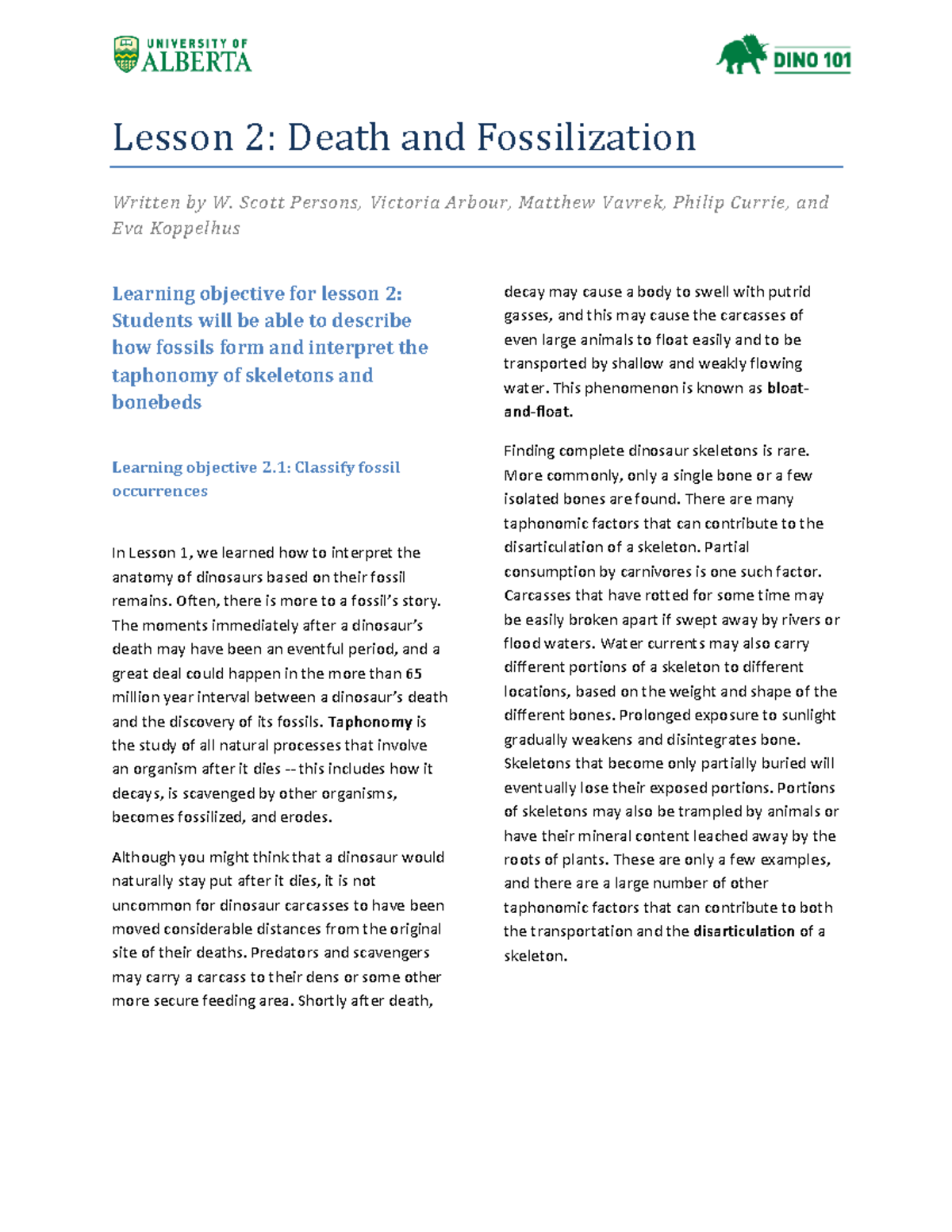 Lesson 2 - Lesson 2 : Death and Fossilization Written by W. Scott ...