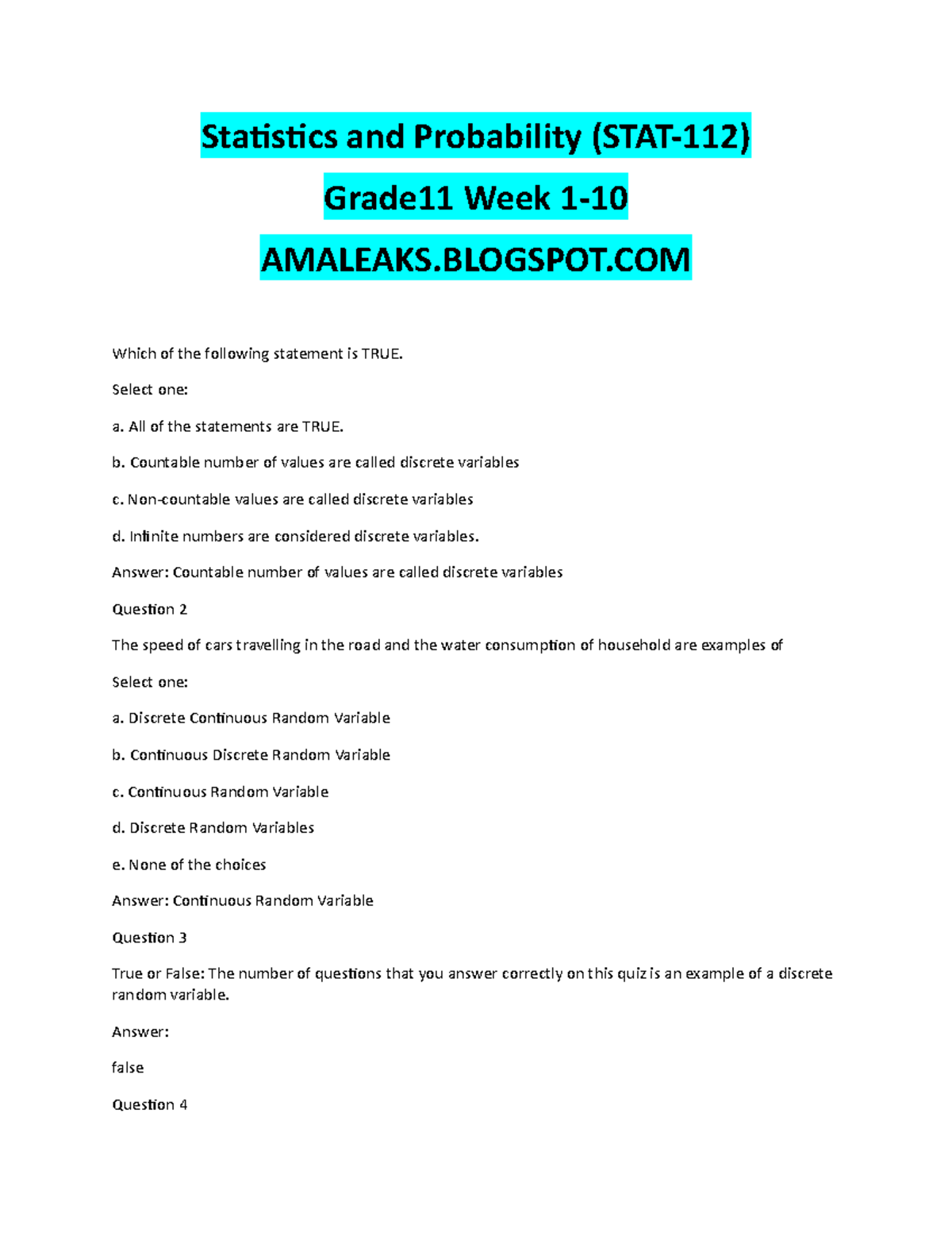 STAT112 Week 1-10 - Practice Questions - Statistics and Probability (STAT-112) Grade11 Week 1 ...