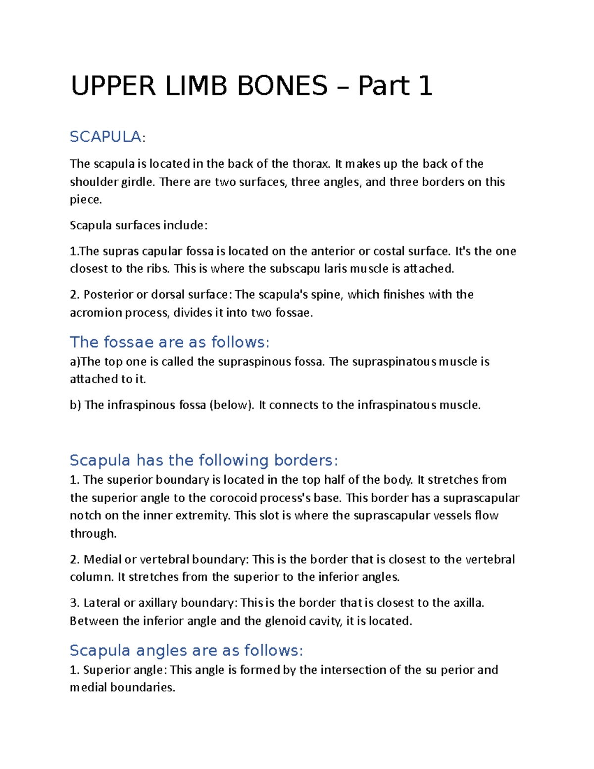 Upper LIMB Bones Of Human PART 1 UPPER LIMB BONES Part 1 SCAPULA
