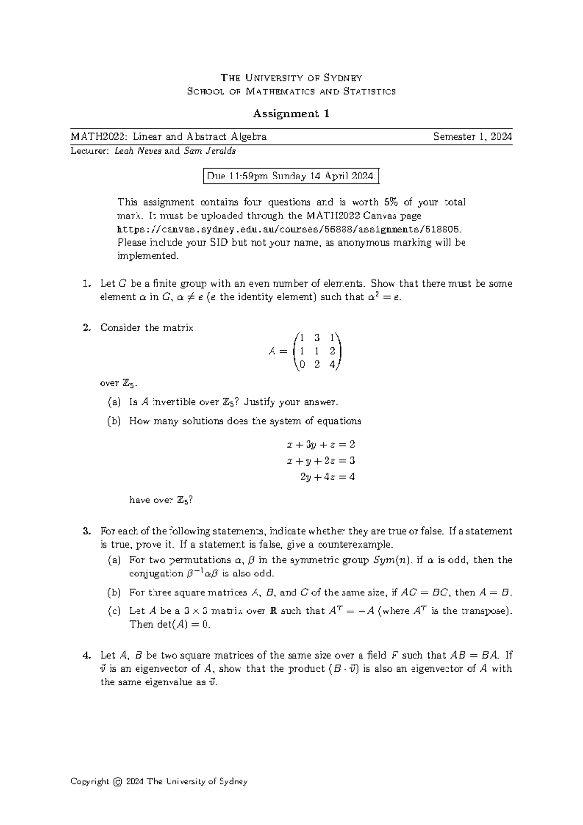 LA algebra ass1 - Assignment - The University of Sydney School of ...