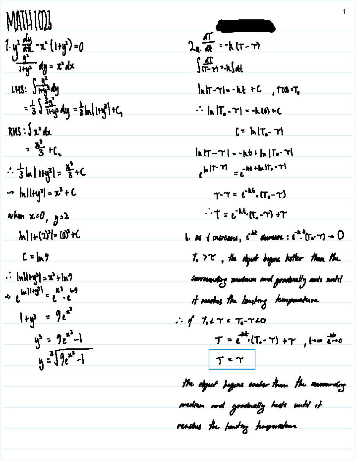 2023 Assignment 1 - 1 MATH1023 dT yz at LHS: Singady RHS: Sxidx C when b. as t increases, ikt ...