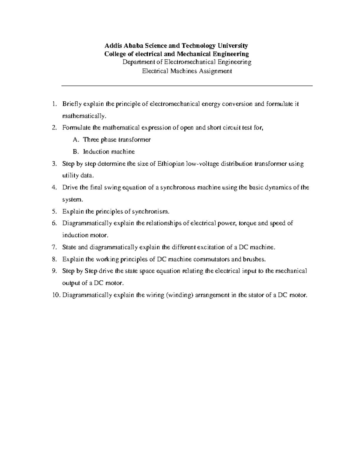Electrical machine assignment - Addis Ababa Science and Technology ...