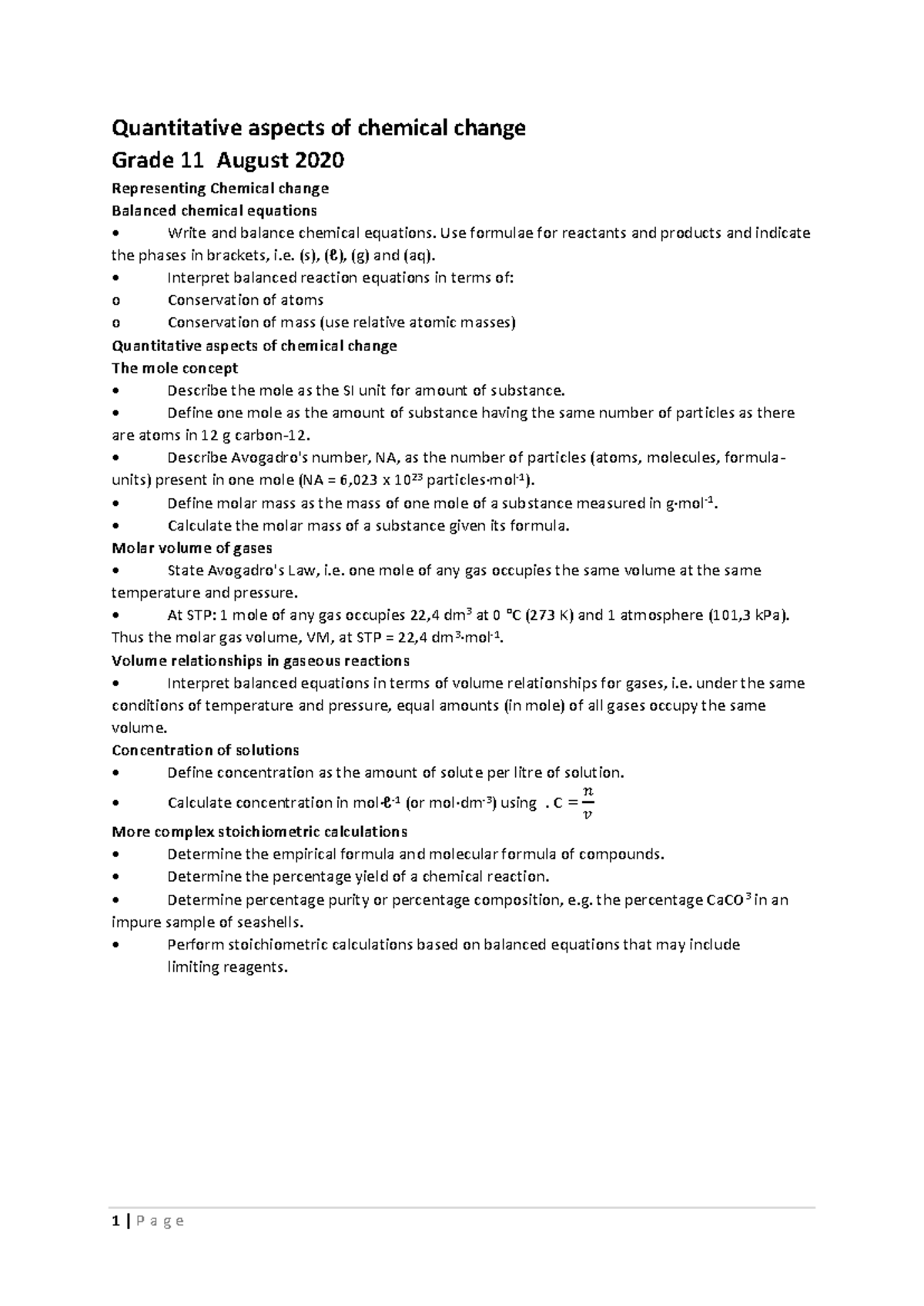 Chemistry gr 11 notes - good - Quantitative aspects of chemical change ...