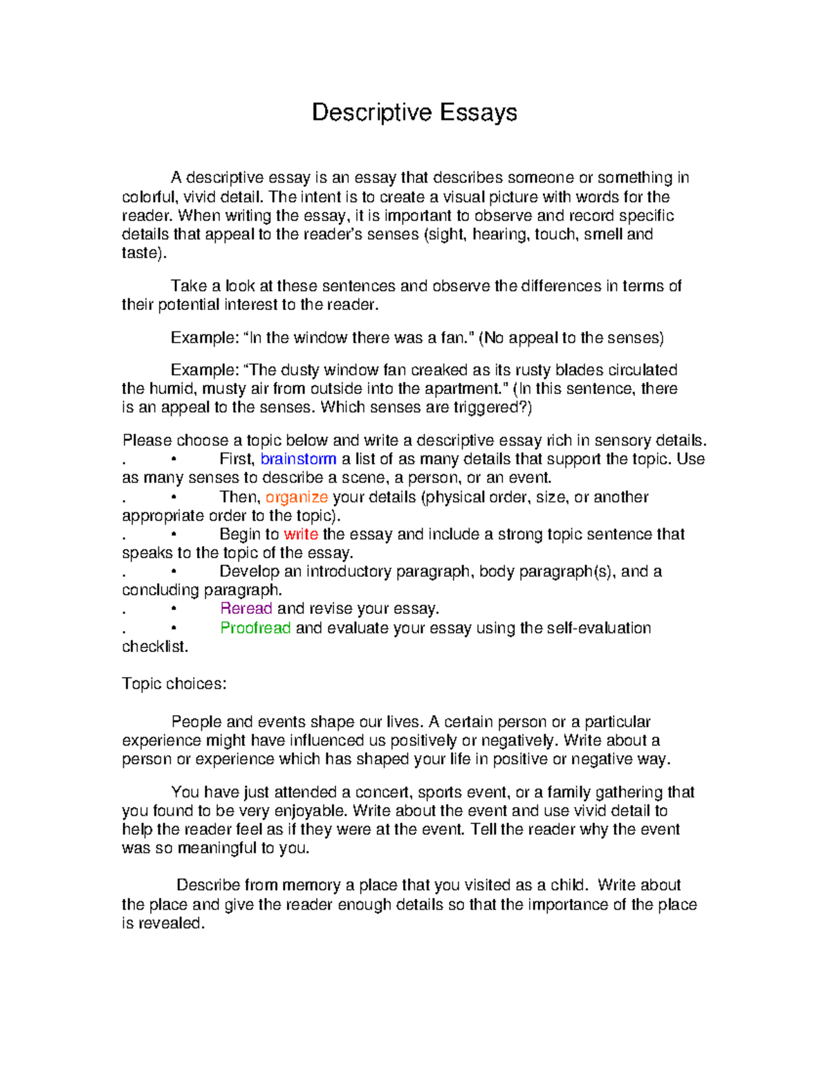 Descriptive Essay Sample - Descriptive Essays A descriptive essay is an ...