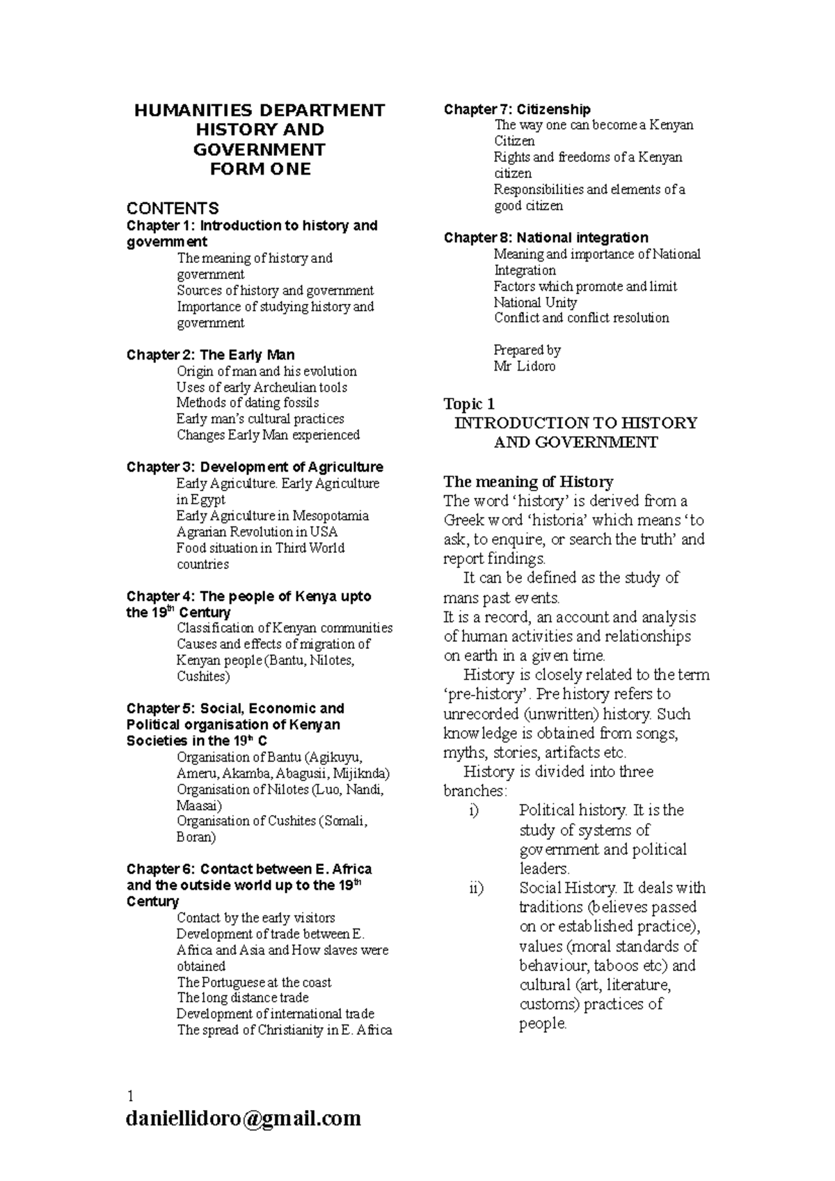 History Notes FORM 1 HUMANITIES DEPARTMENT HISTORY AND GOVERNMENT