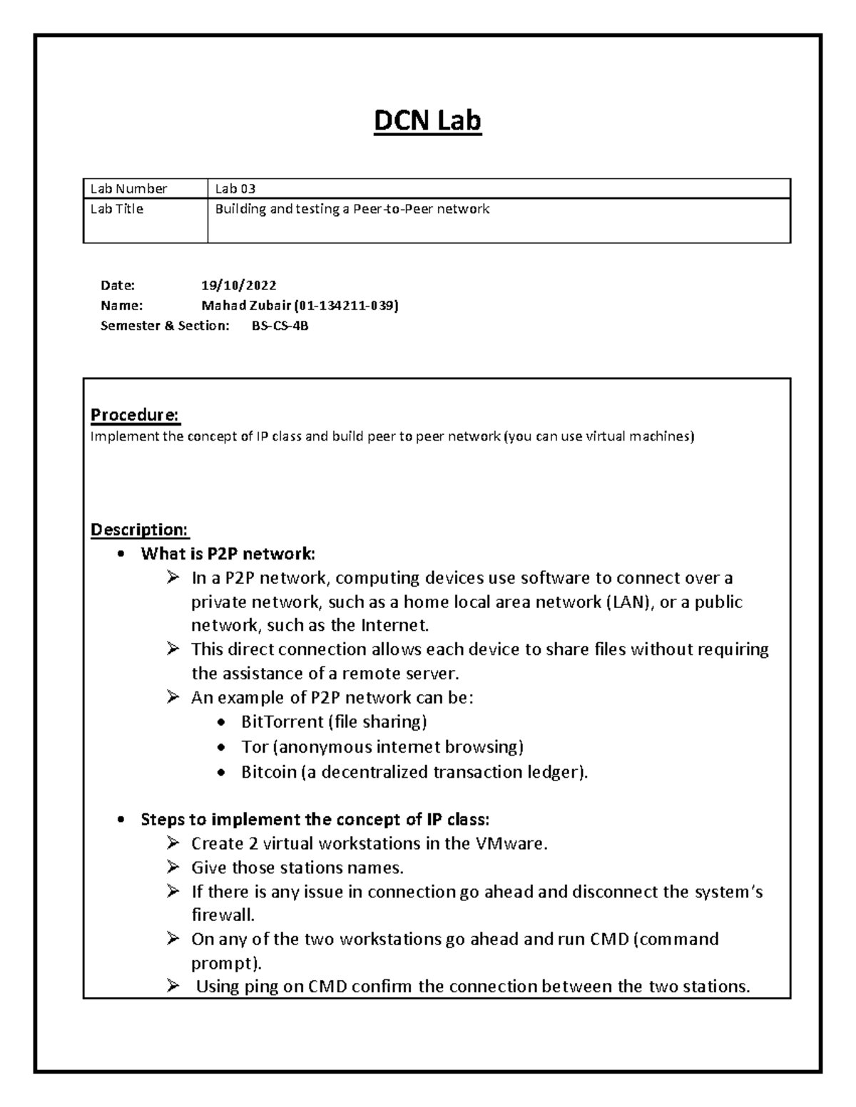 DCN lab 03 11102022 055539 pm - DCN Lab Date: 19/10/ Name: Mahad Zubair (01-134211-039) Semester ...