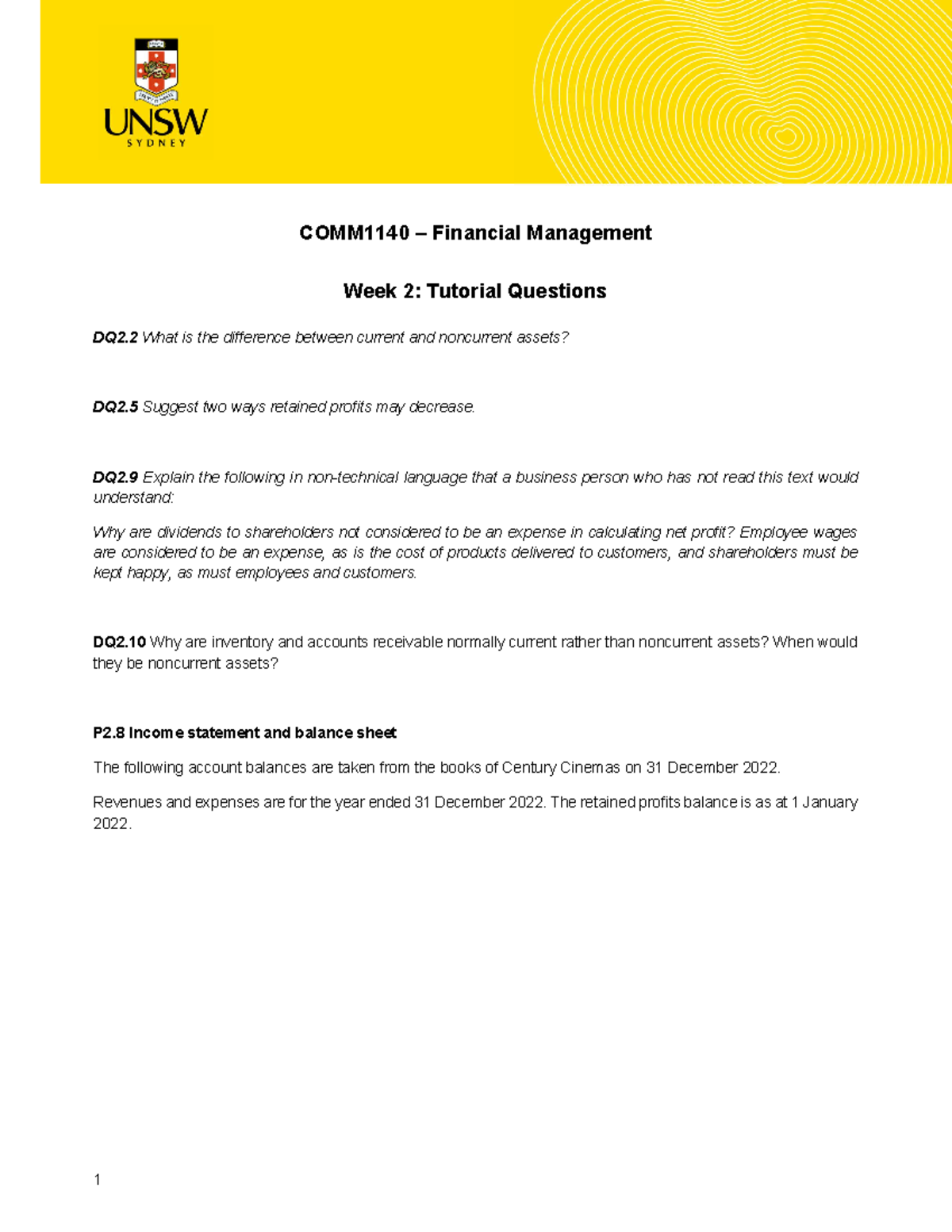 Week 2 Tutorial Questions 1 Comm1140 Financial Management Week 2 Tutorial Questions Dq2