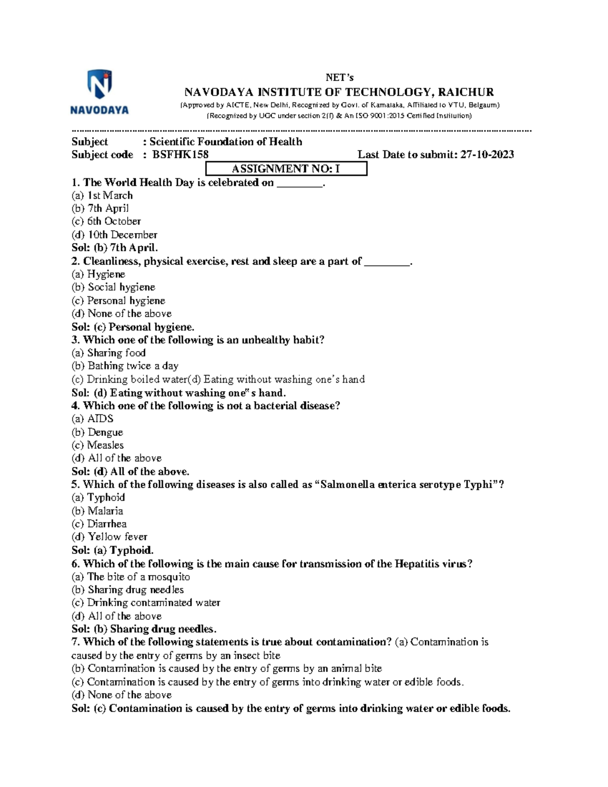 SFH Assignment -1 - NET’s NAVODAYA INSTITUTE OF TECHNOLOGY, RAICHUR (Approved by AICTE, New ...