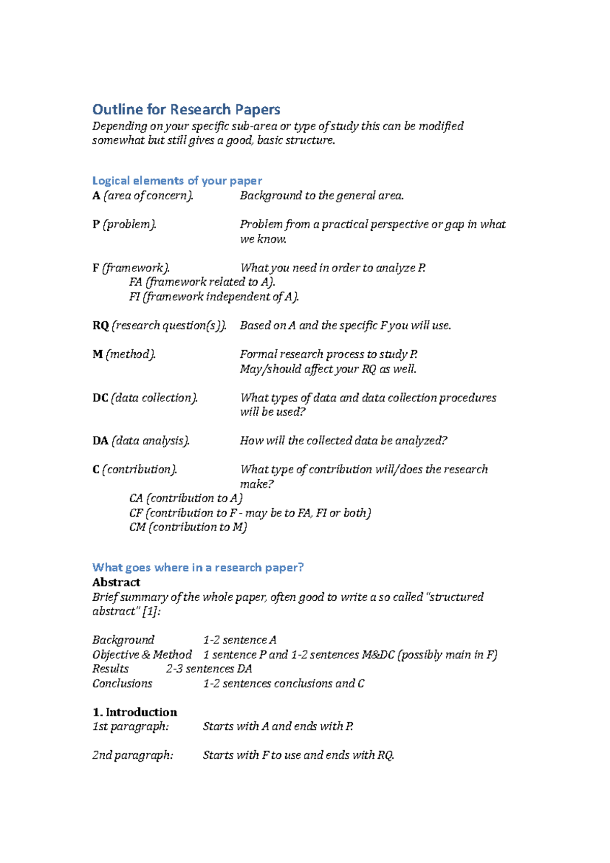Research Paper Outline - Outline for Research Papers Depending on your ...