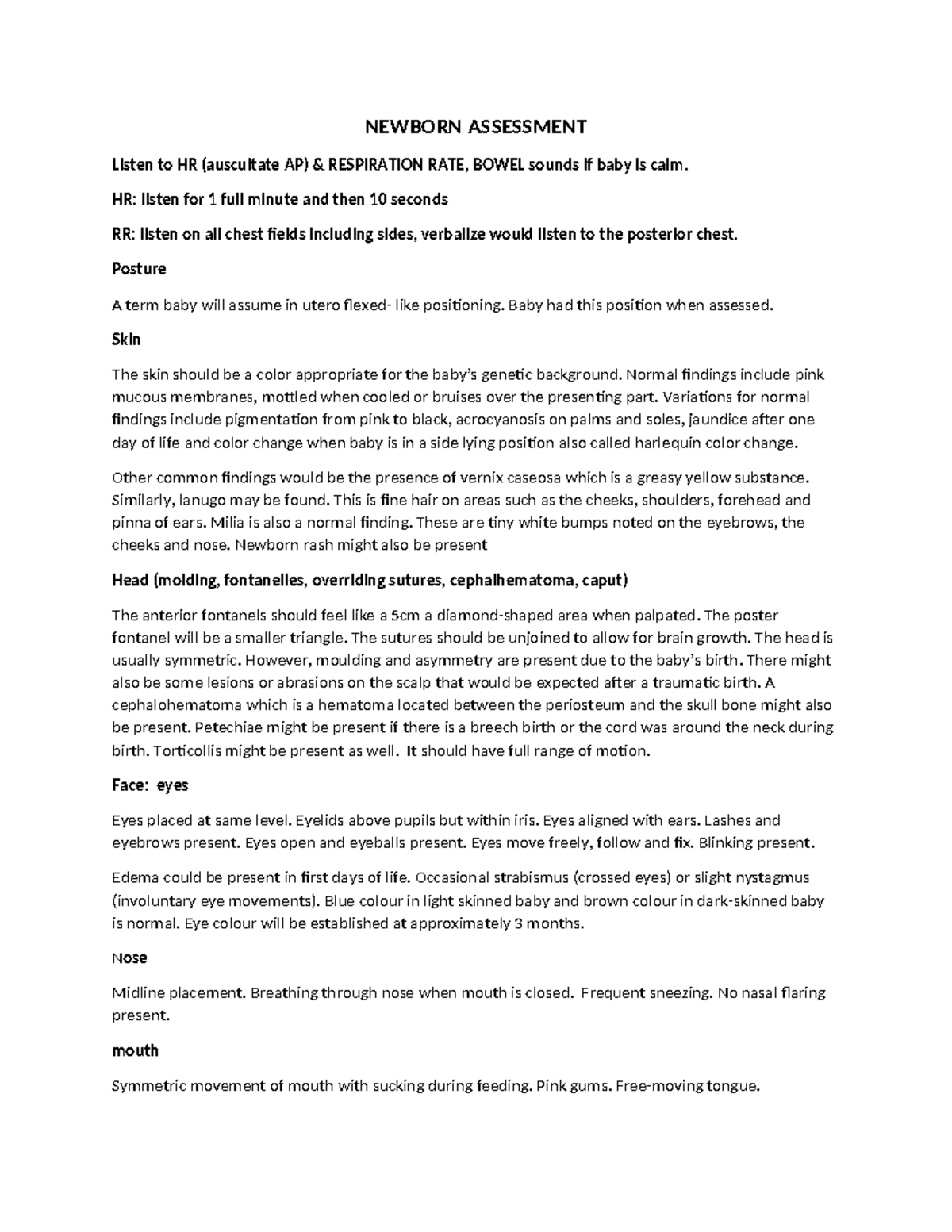 Obs Assessments - NEWBORN ASSESSMENT Listen to HR (auscultate AP ...