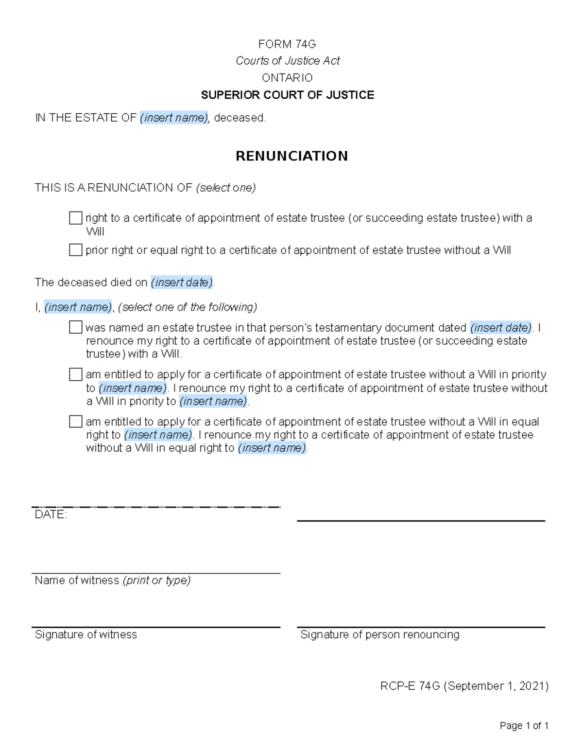 Rcp e 74g 0921 - court form - FORM 74G Courts of Justice Act ONTARIO ...