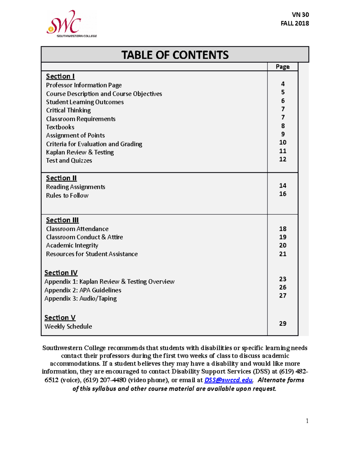VN 30 Syllabus - FALL 2018 TABLE OF CONTENTS Page Section I Professor ...