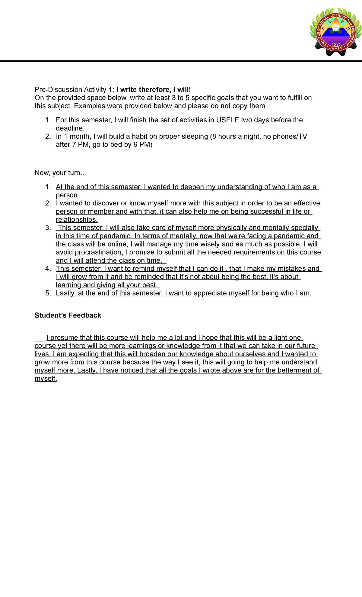 1 Uself PRE ACT - Pre-Discussion Activity 1: I write therefore, I will ...