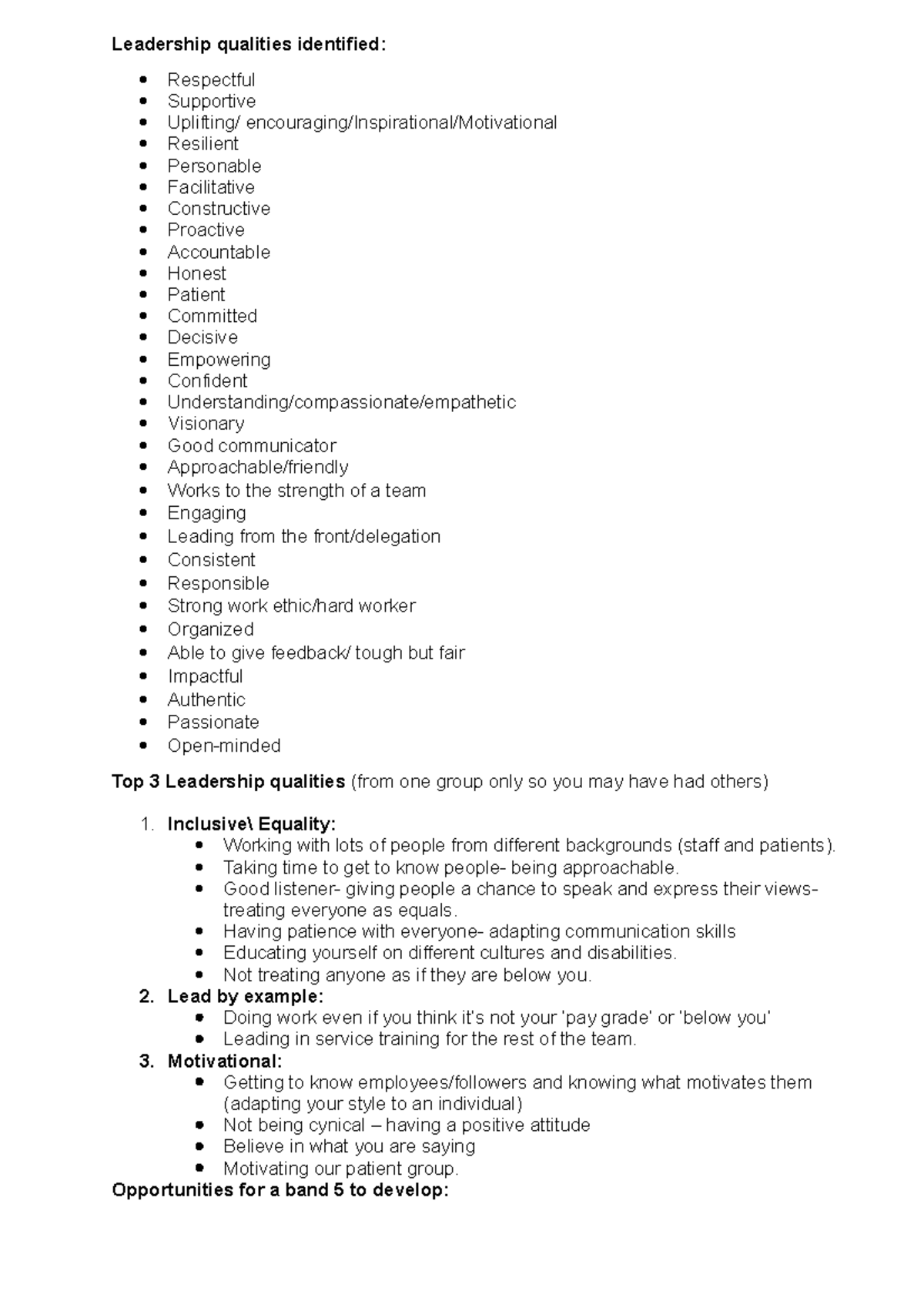Leadership seminar notes - Leadership qualities identified: Respectful ...
