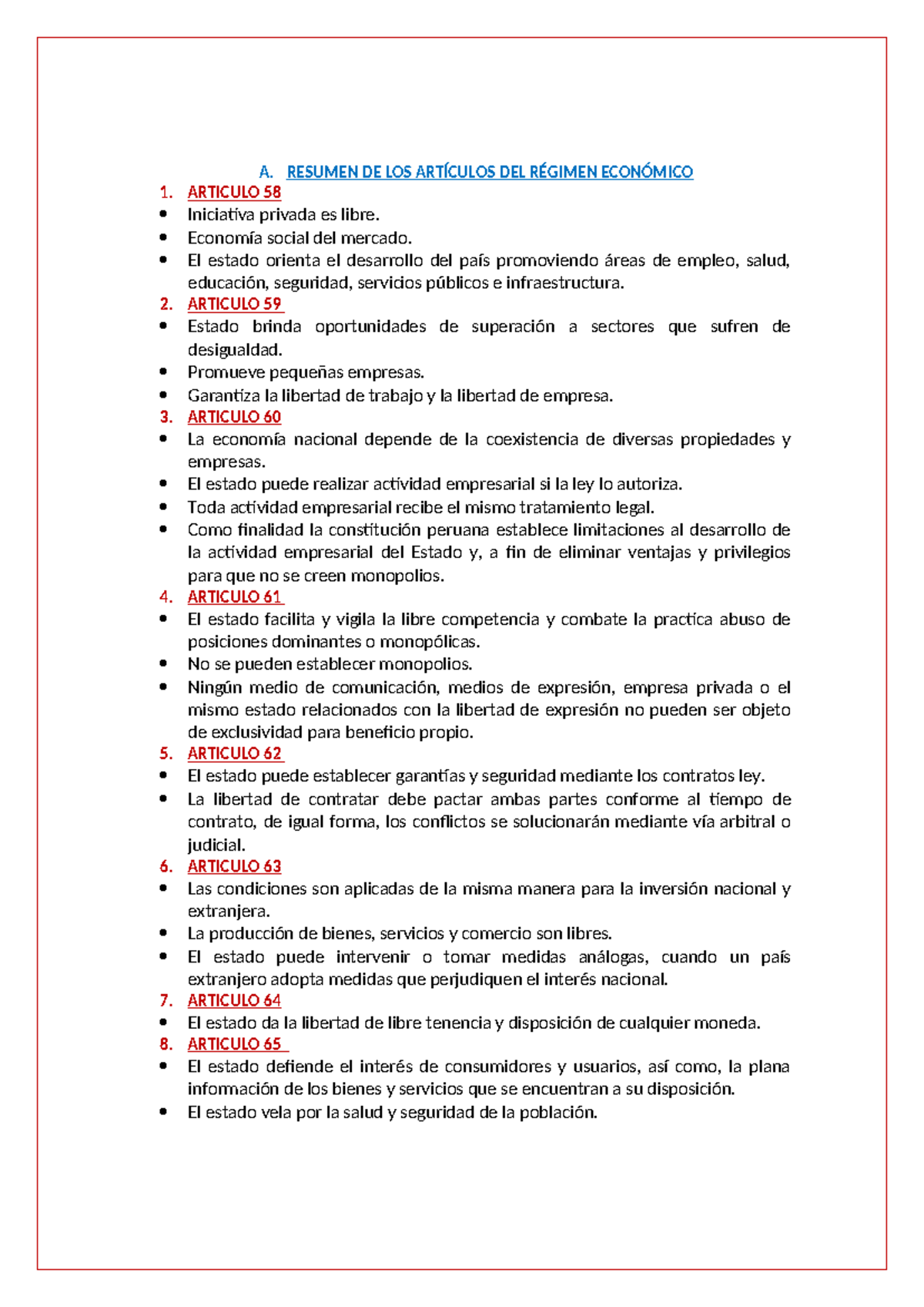 ARTICULOS - APUNTES - A. RESUMEN DE LOS ARTÍCULOS DEL RÉGIMEN ECONÓMICO ...