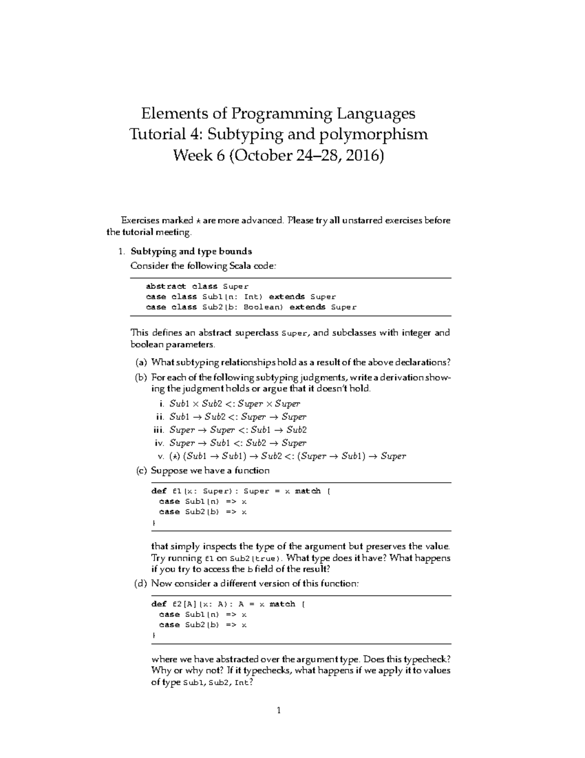 Tutorial 4 Elements Of Programming Languages Tutorial 4 Subtyping