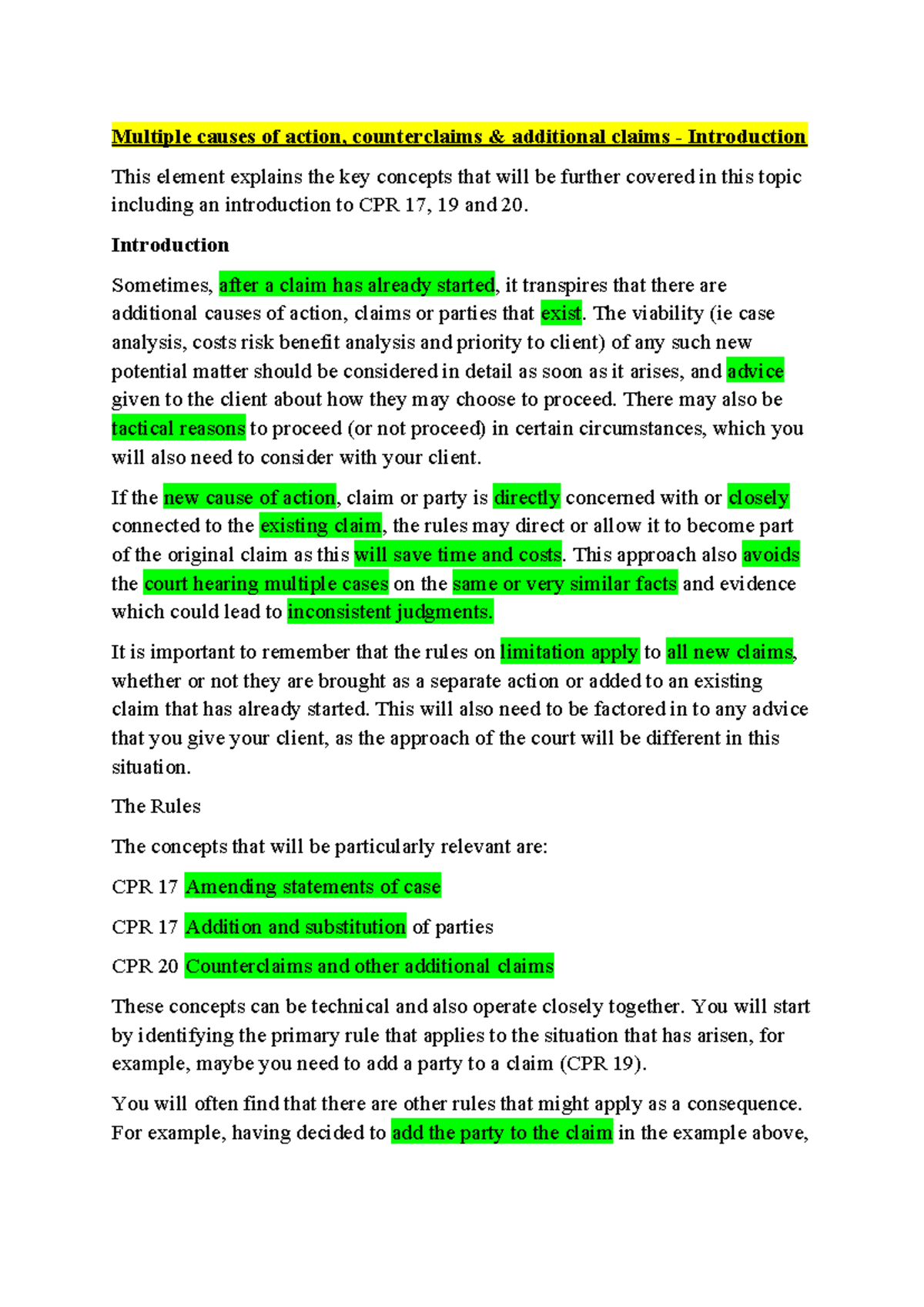 Introduction to multiple causes of action, counterclaims and additional ...