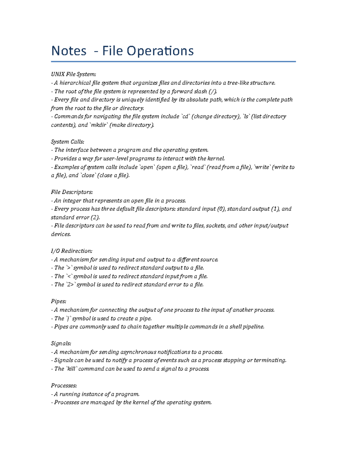 File Operations - Notes - File Operations UNIX File System: A ...