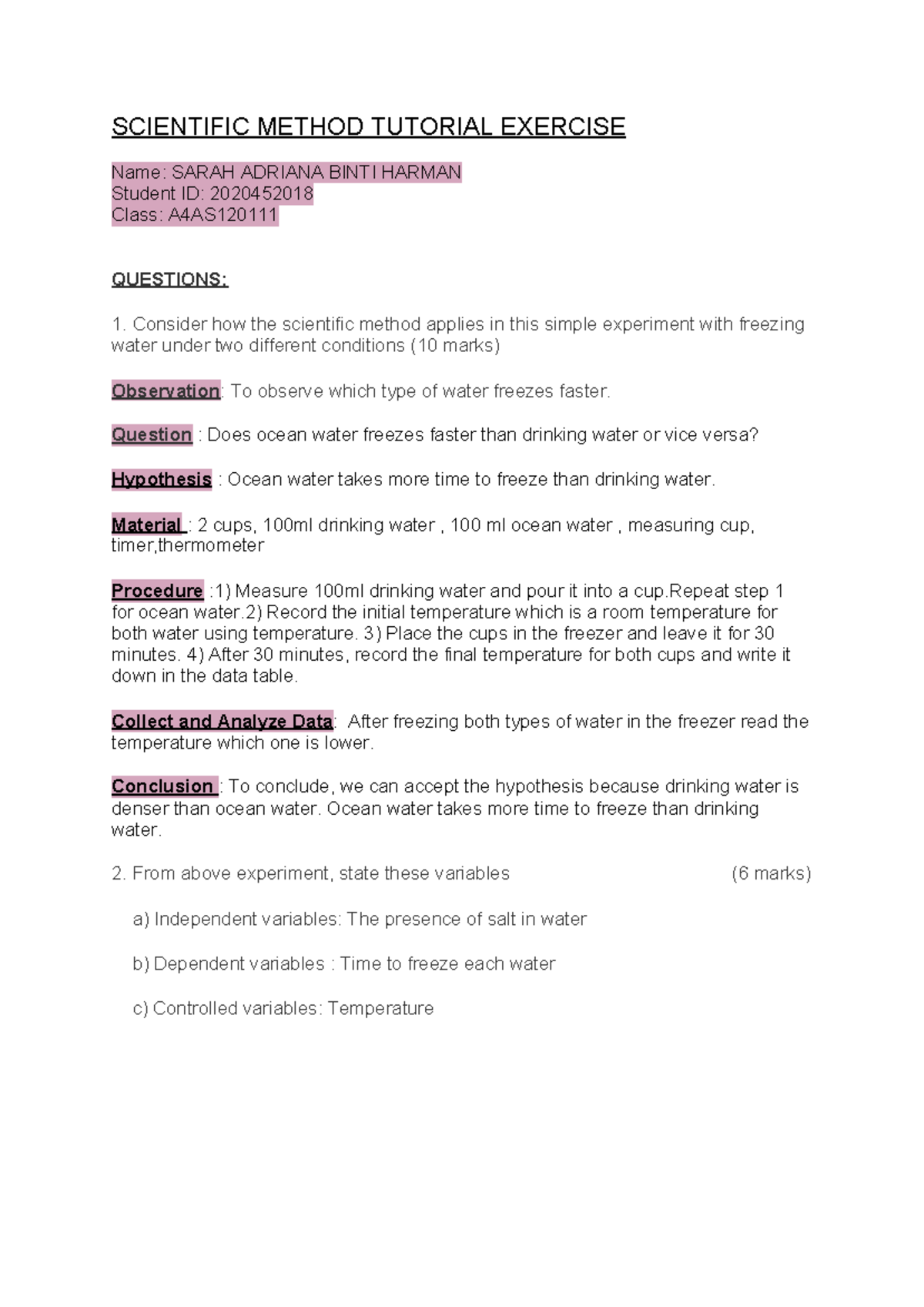 Scientific Method Exercise - SCIENTIFIC METHOD TUTORIAL EXERCISE Name ...