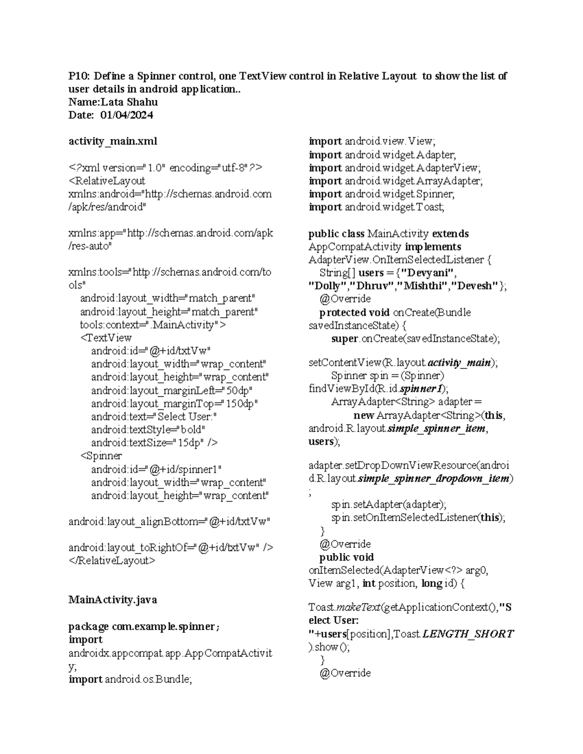 Program 10 - Android - P10: Define a Spinner control, one TextView ...
