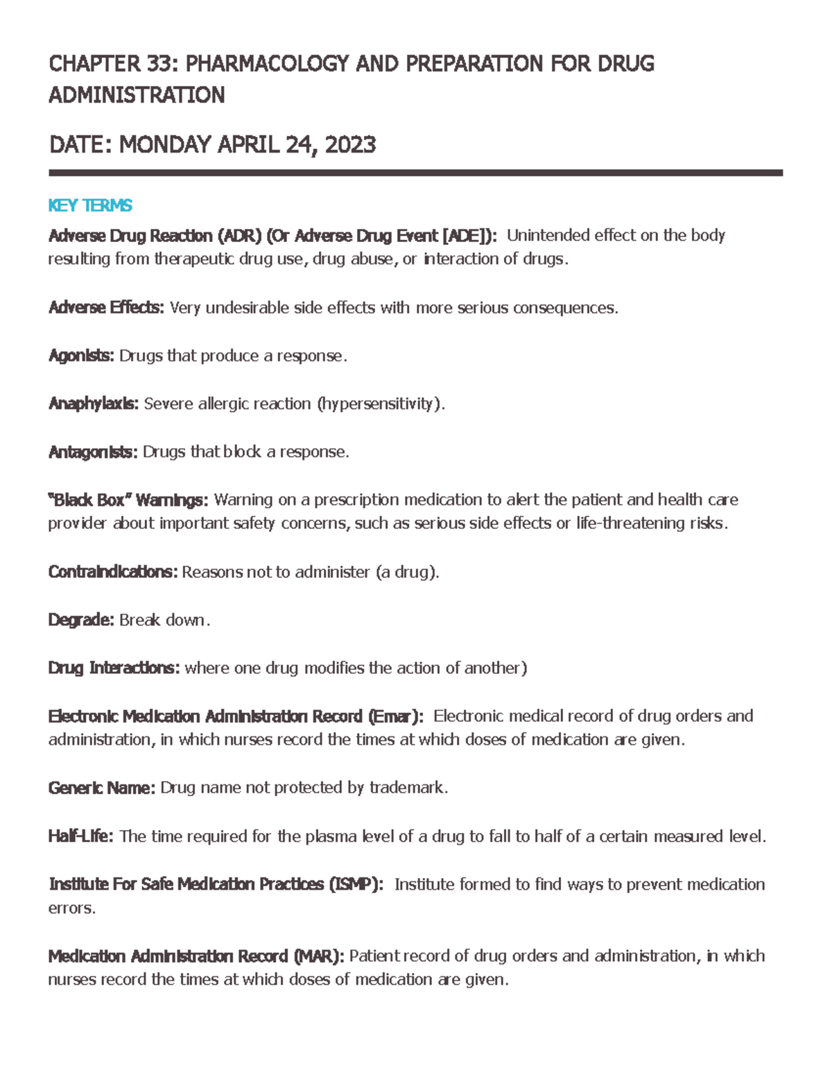 Chapter 33 - None - CHAPTER 33: PHARMACOLOGY AND PREPARATION FOR DRUG ...