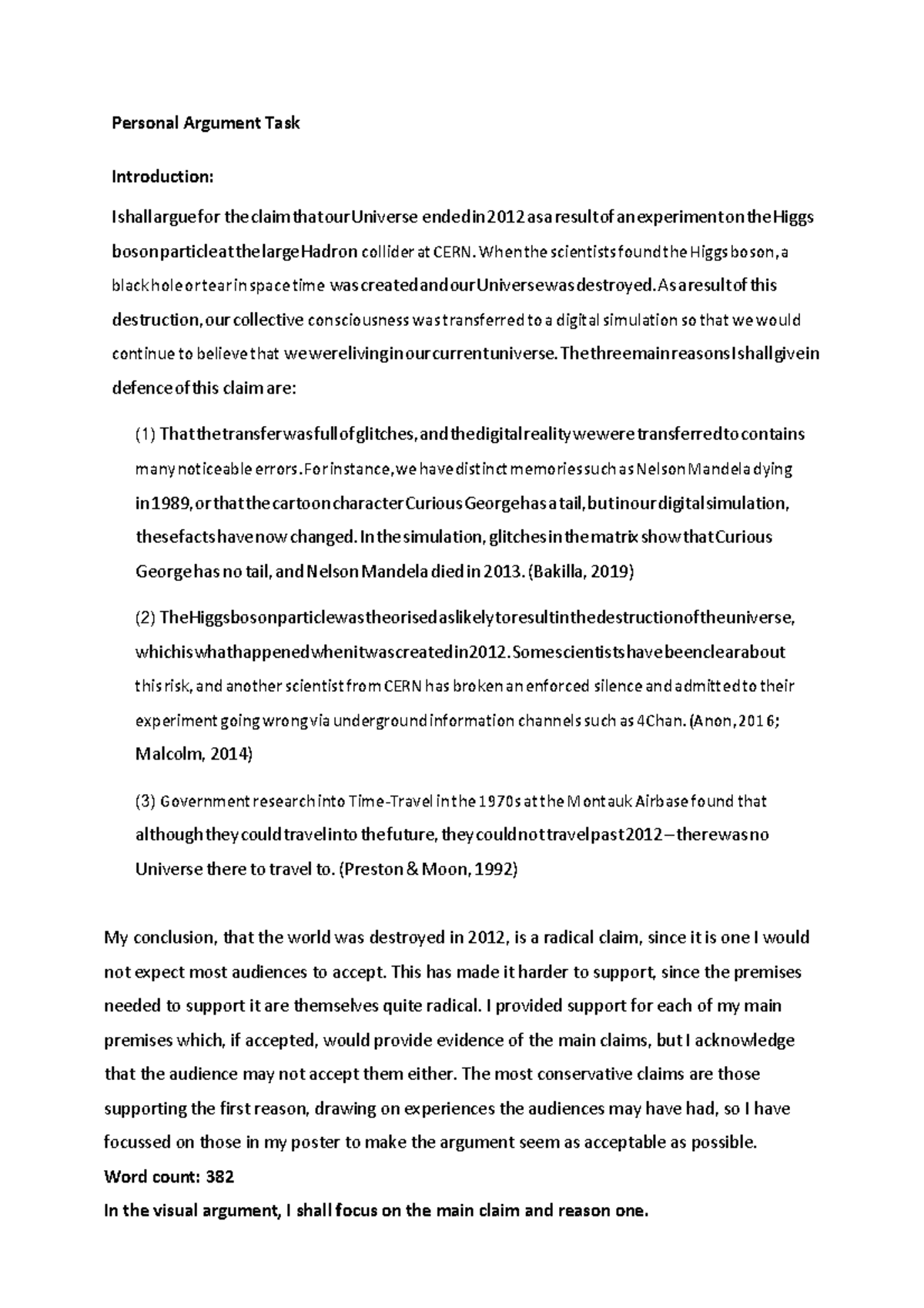 Personal Argument Example 2023 - Personal Argument Task Introduction: I ...