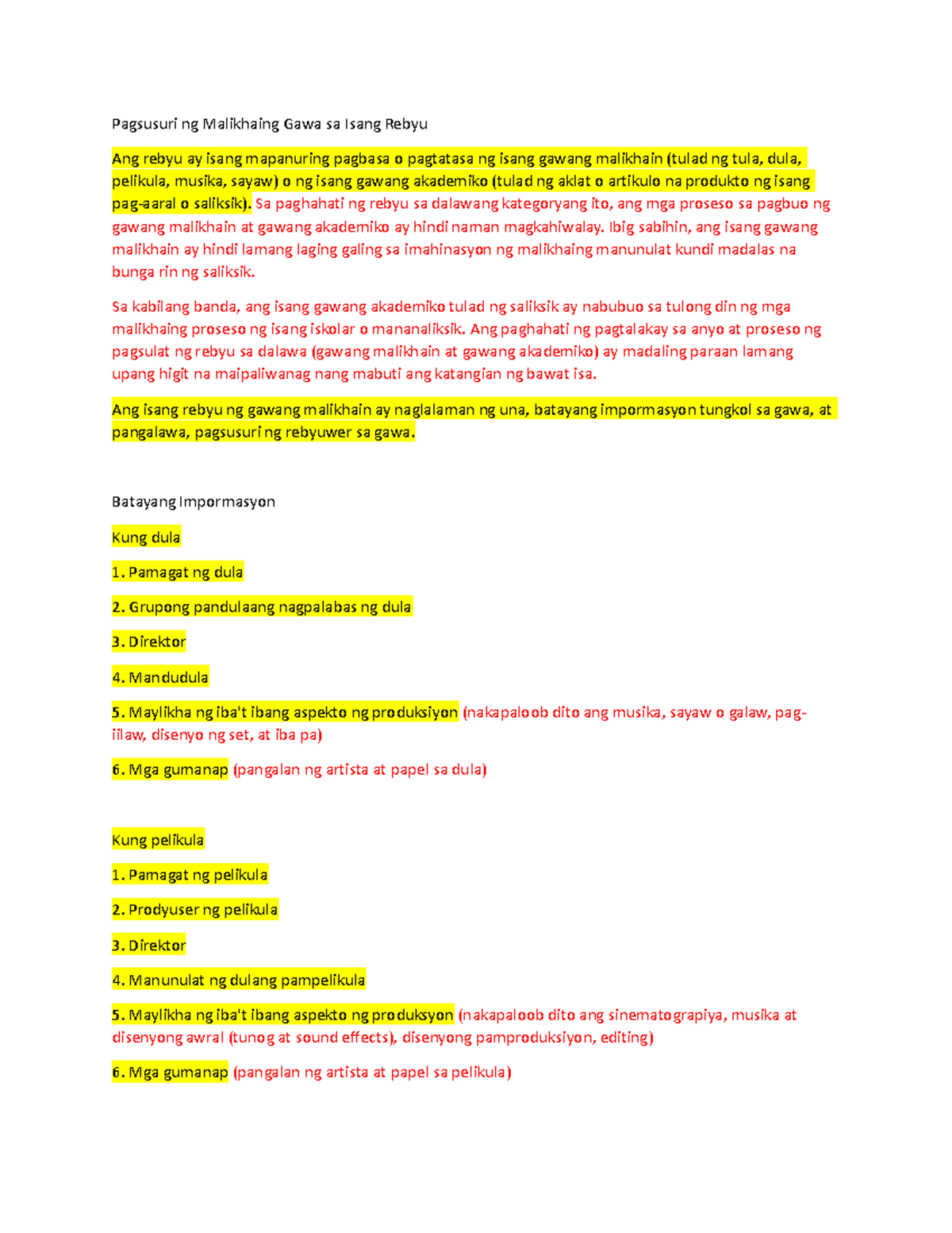 Pagsusuri ng Malikhaing Gawa sa Isang Rebyu - Sa paghahati ng rebyu sa ...