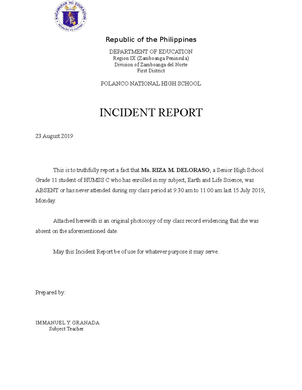 Incident Report - Republic of the Philippines DEPARTMENT OF EDUCATION ...
