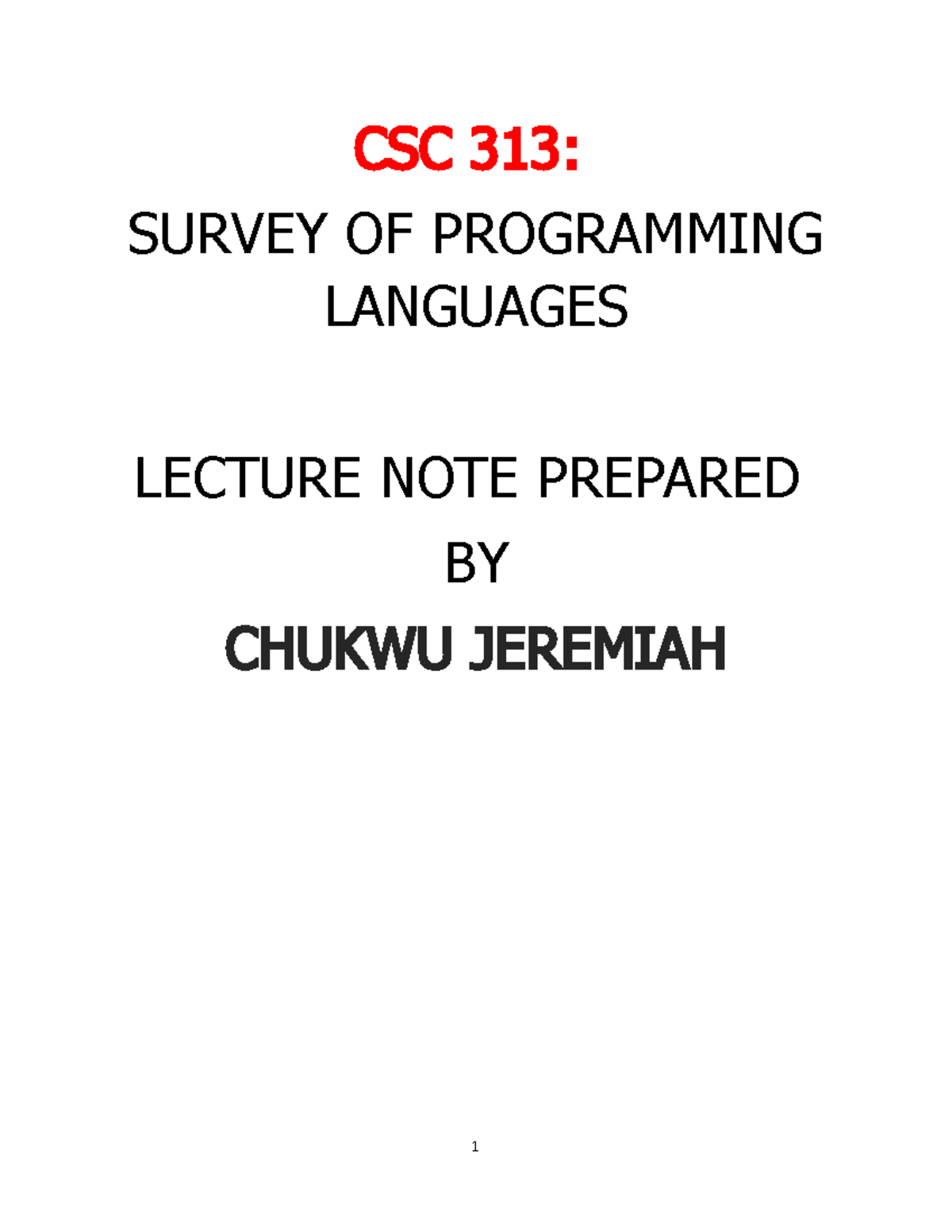 Csc 313 Survey Of Computer Programming Csc 313 Survey Of Programming Languages Lecture Note 6647