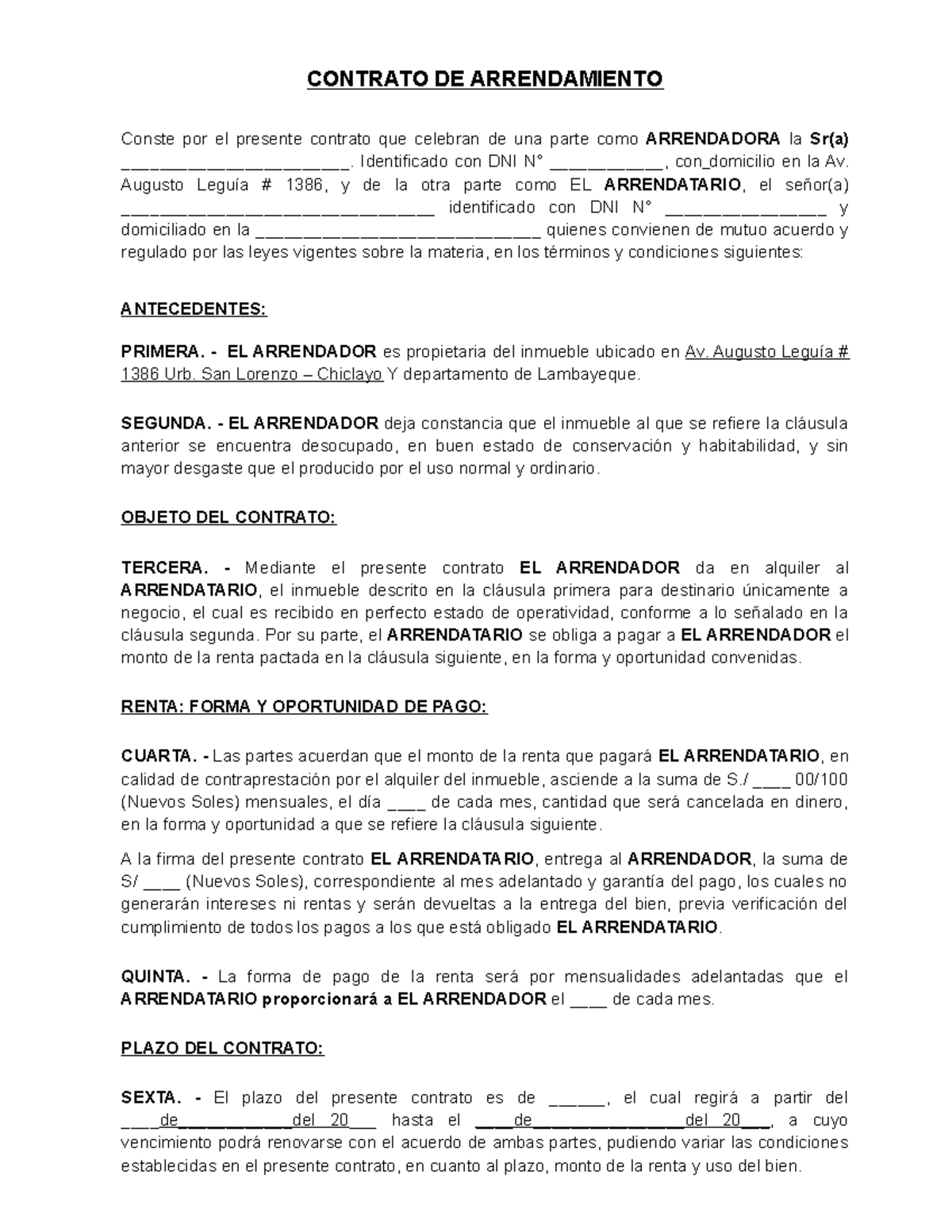 Contrato DE Arrendamiento - CONTRATO DE ARRENDAMIENTO Conste por el ...