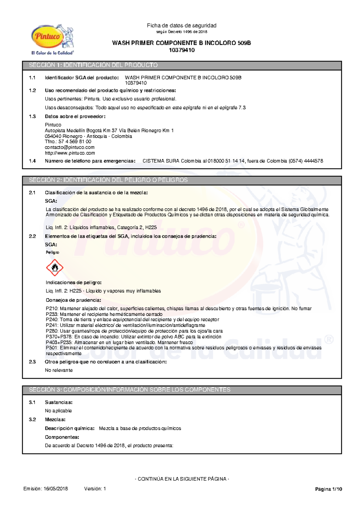 ficha de seguridad Fds-Wash-Primer-Componente-B-Incoloro-509B-10379410 ...