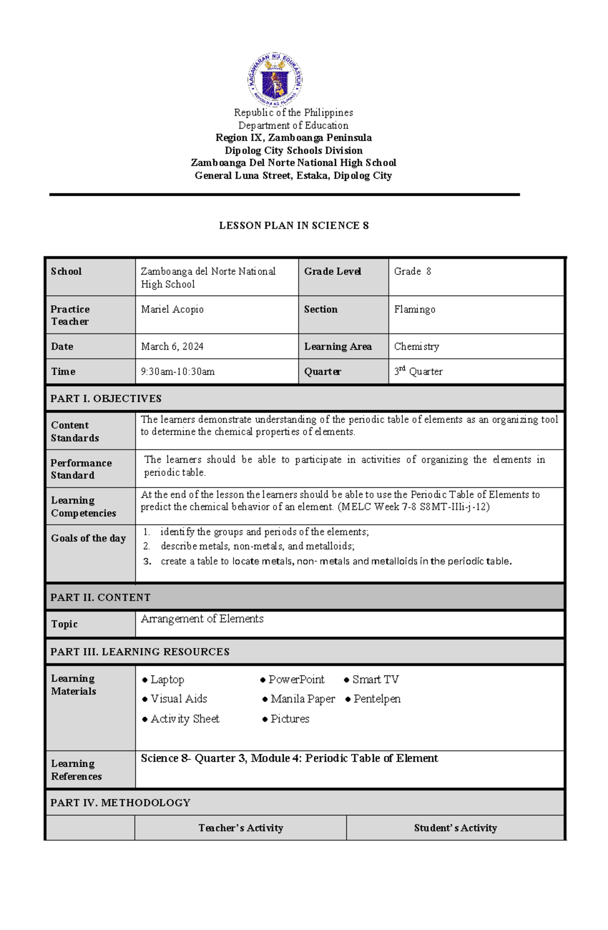 Periodic table of elements lesson plan - Republic of the Philippines ...