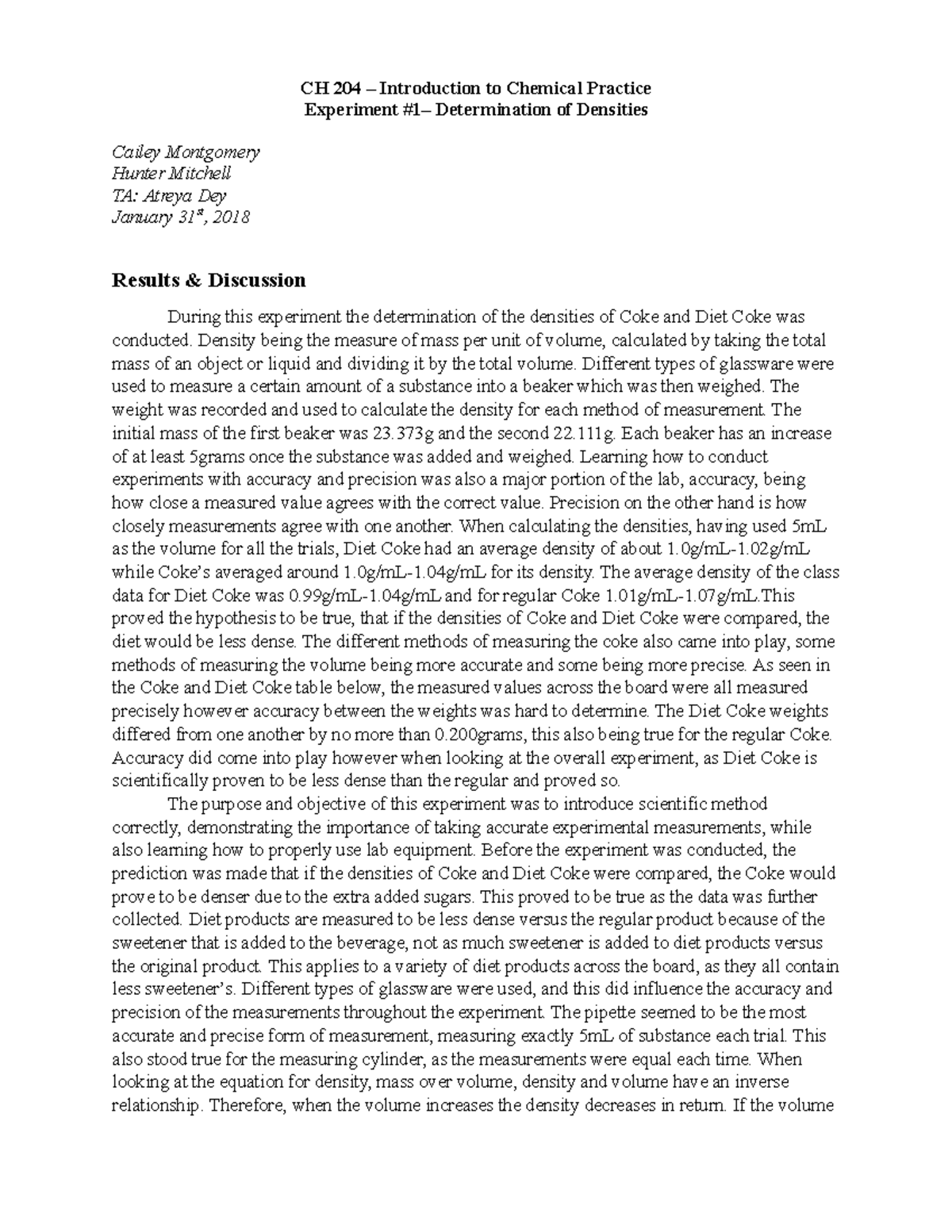 Experiment 1 lab report - CH 204 Introduction to Chemical Practice ...