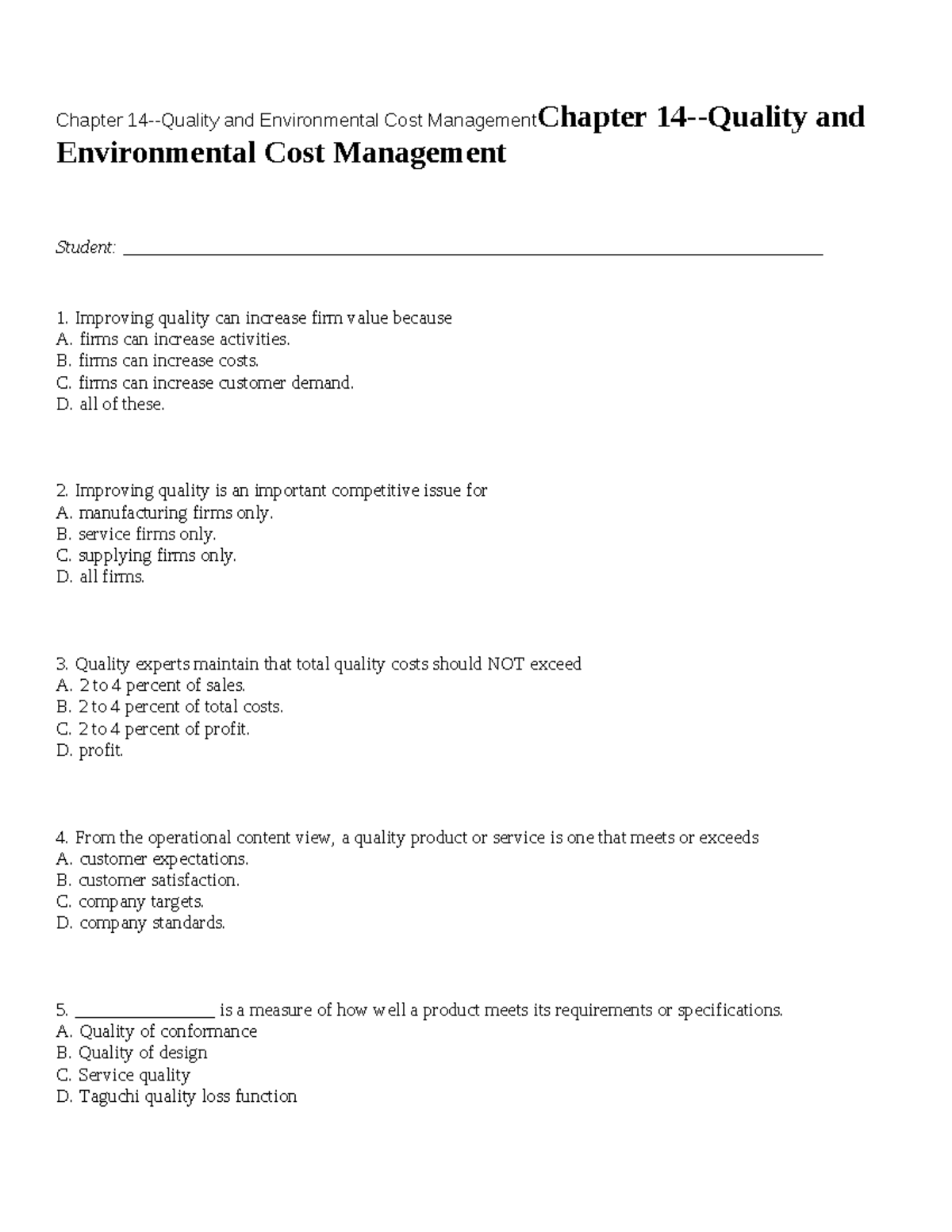 Quality And Environmental Cost Management - Chapter 14-Quality and Environmental Cost - Studocu