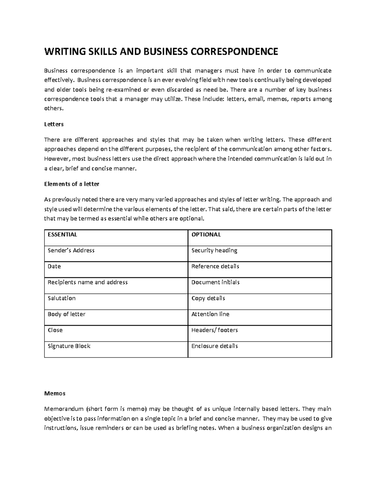 Writing Skills AND Business Correspondence - WRITING SKILLS AND ...